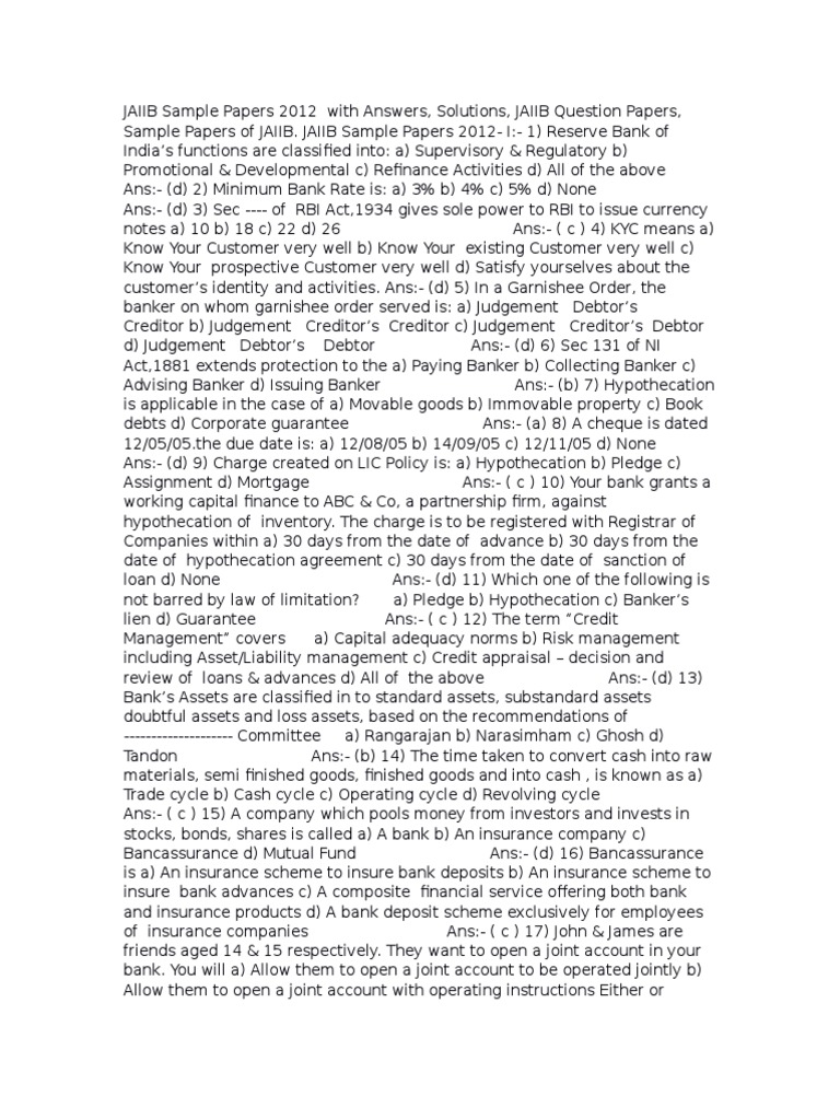 JAIIB 2012 Sample Papers with Answers | PDF | Credit (Finance) | Banks