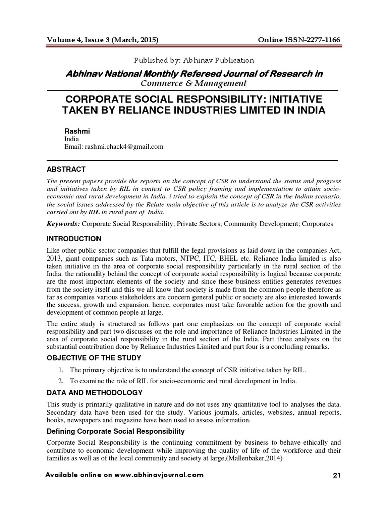 Corporate Social Responsibility: Initiative Taken by Reliance ...