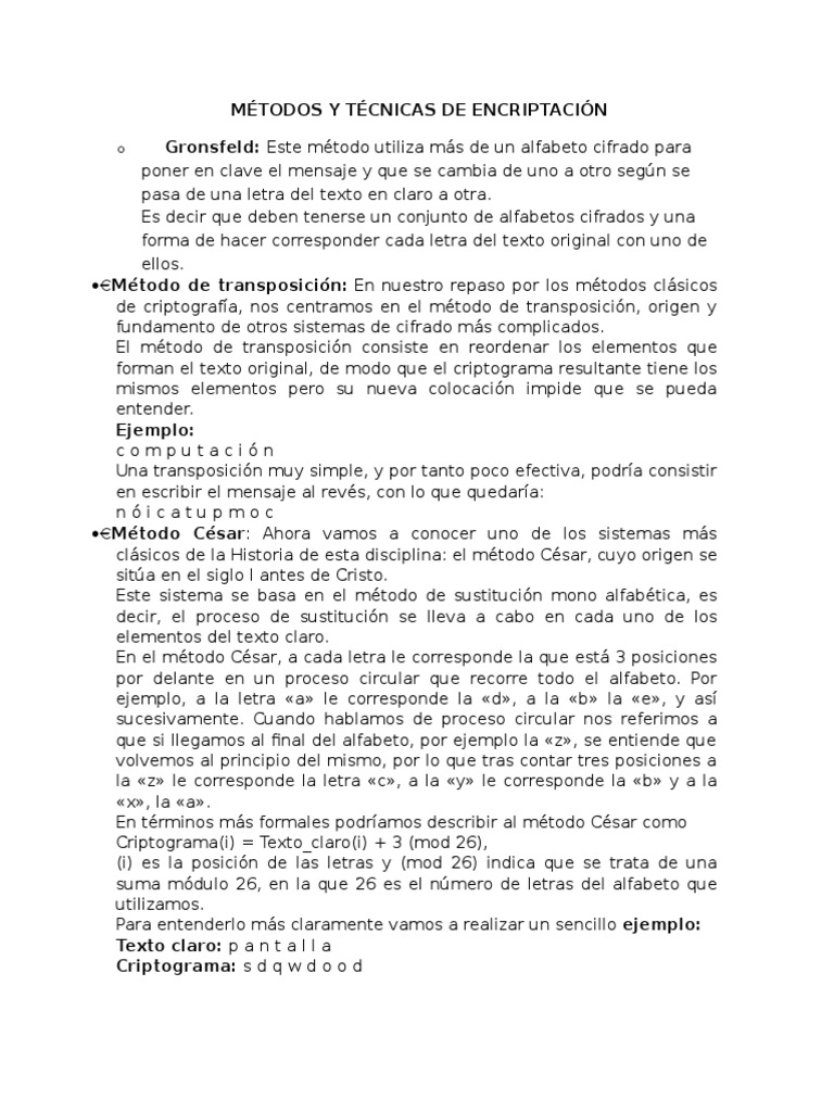 Métodos y Técnicas de Encriptación | PDF | Clave (criptografía) | Criptografía