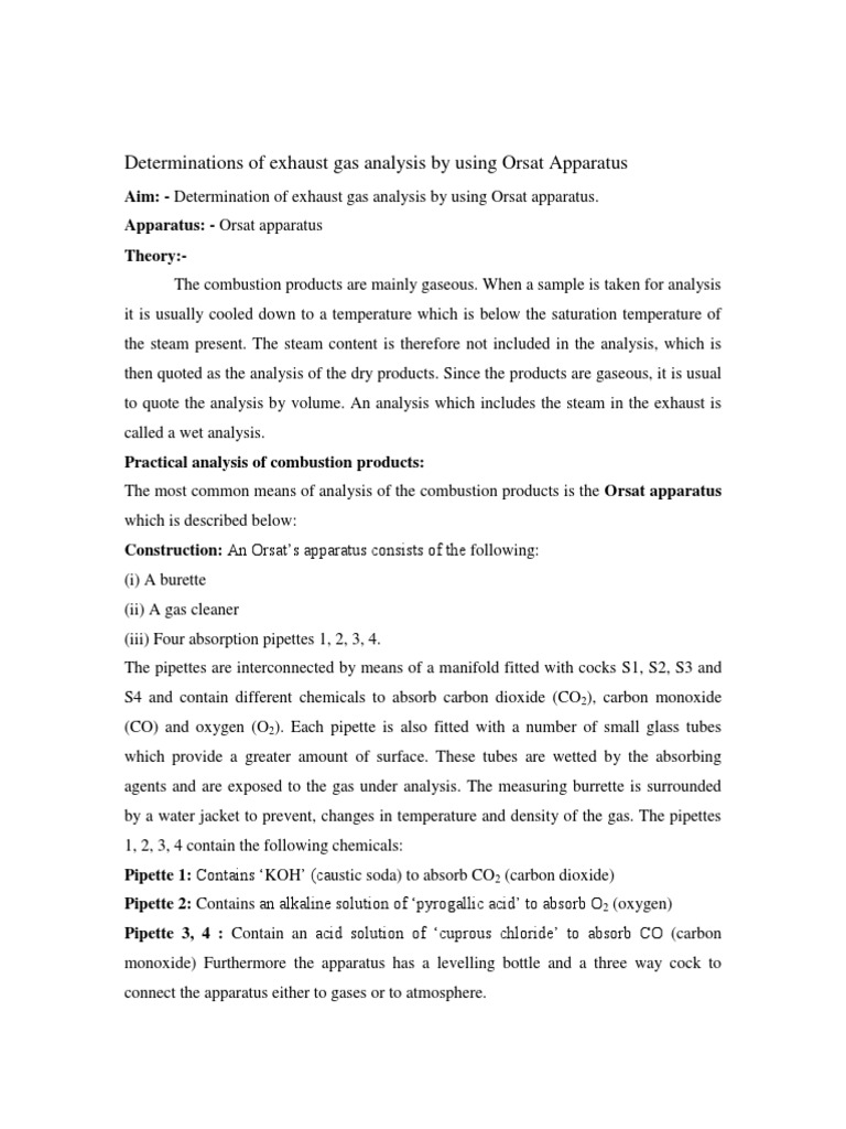 Orsat Gas Analysis | PDF | Carbon Dioxide | Exhaust Gas