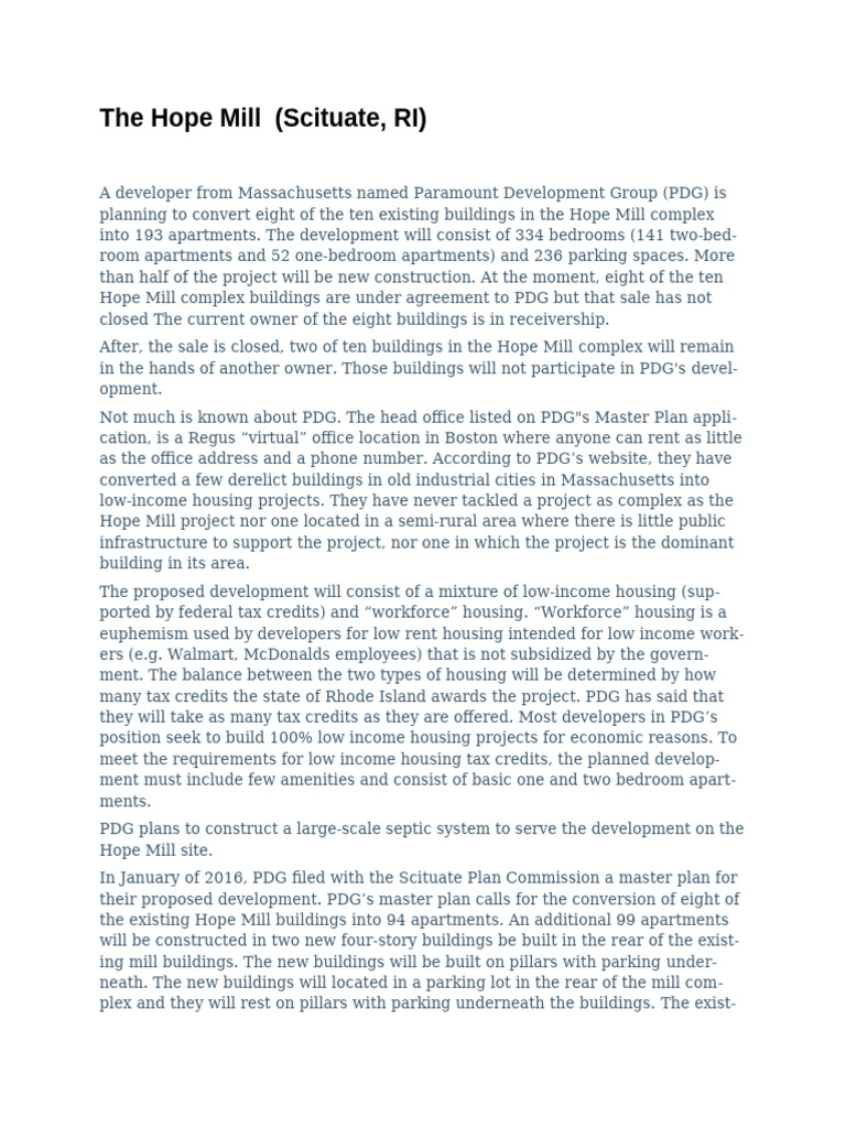 Hope Mill Development in Scituate, RI | PDF | Government Budget Balance ...
