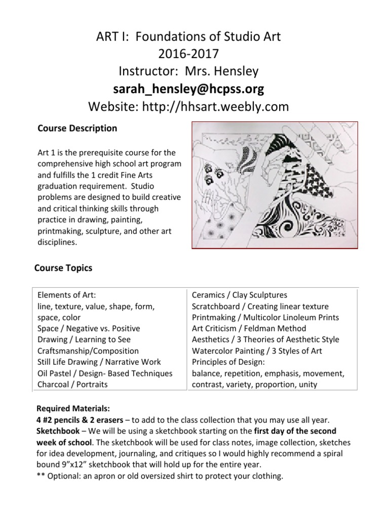 ART I: Foundations of Studio Art 2016-2017 Instructor: Mrs. Hensley ...