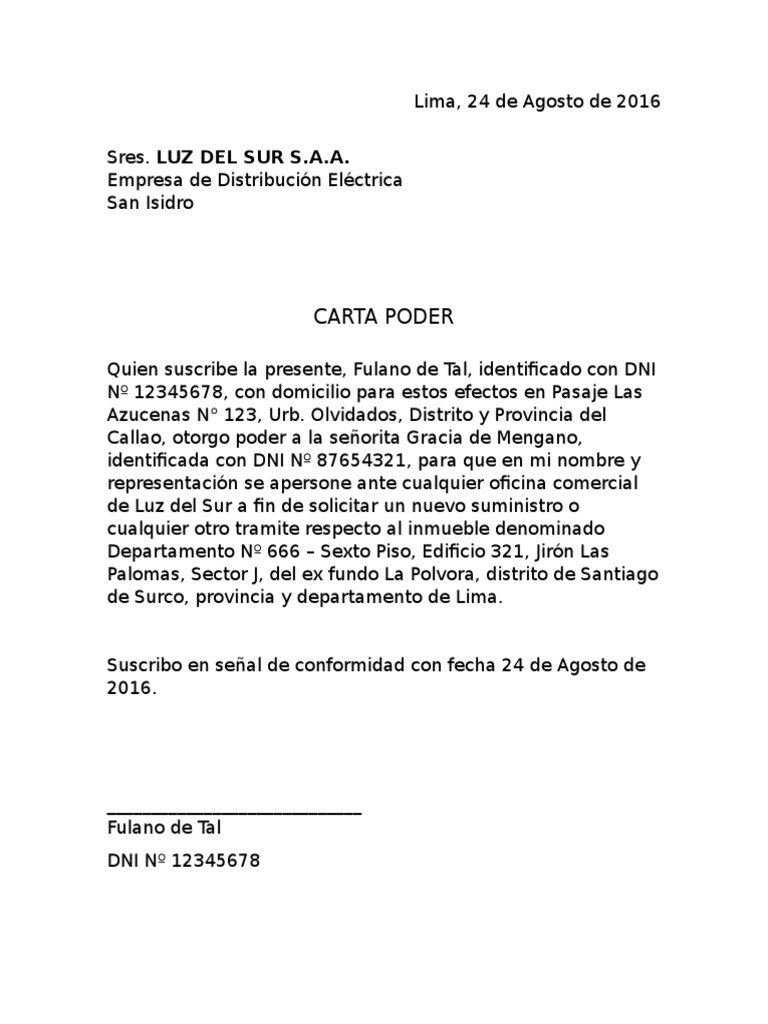 Modelo Carta Poder Luz Del Sur