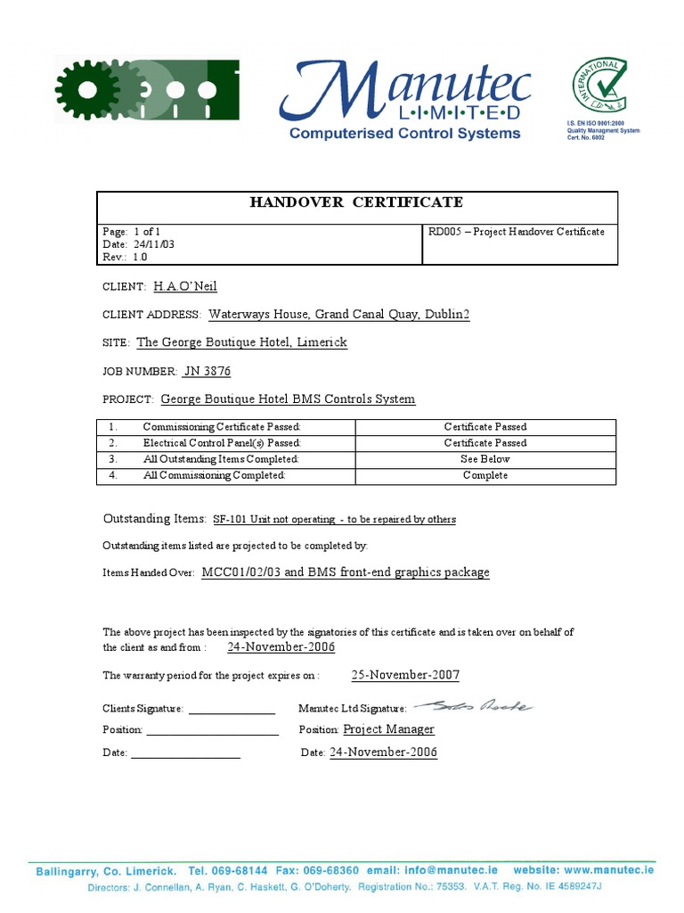 Handover Certificate | PDF