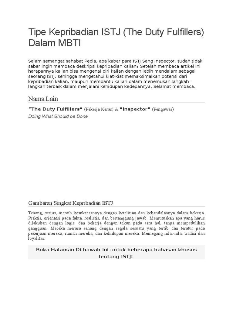 Tipe Kepribadian ISTJ | PDF