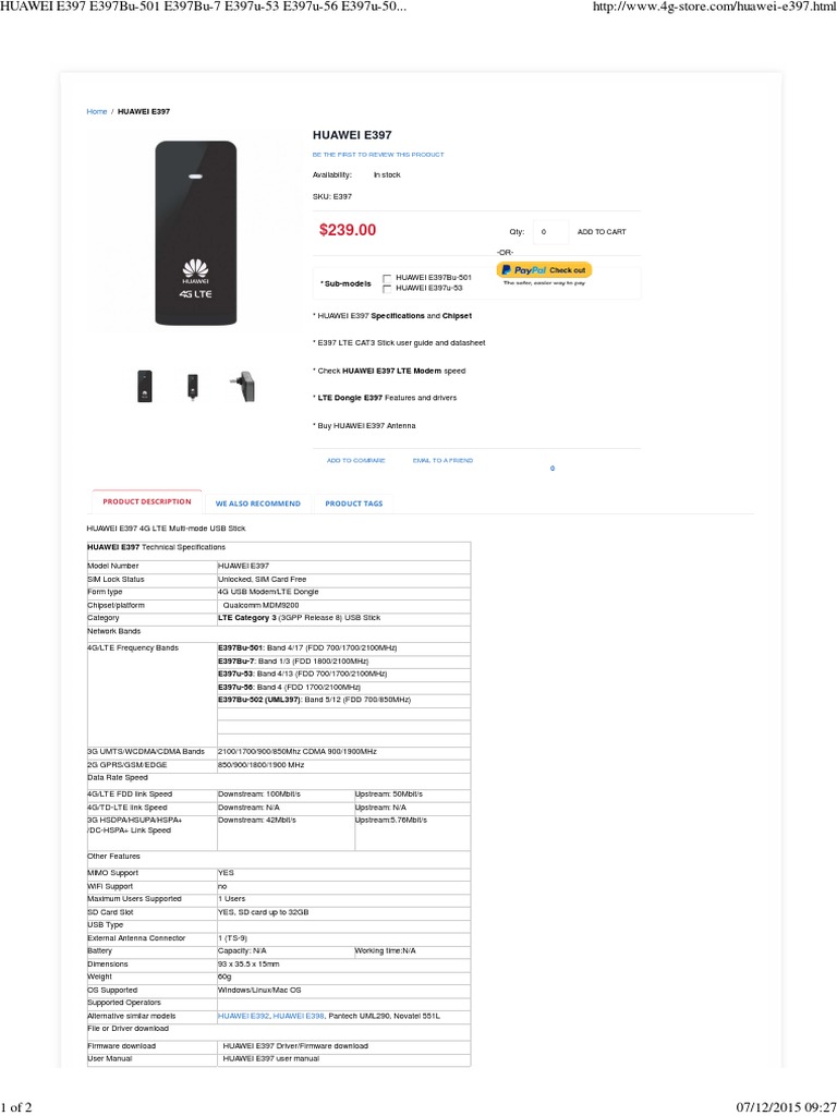 HUAWEI E397 Datasheet | PDF | Lte (Telecommunication) | 4 G