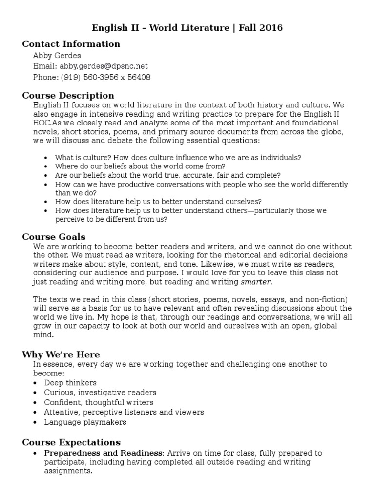 World Literature Course Overview 2016 | PDF | Conversation ...