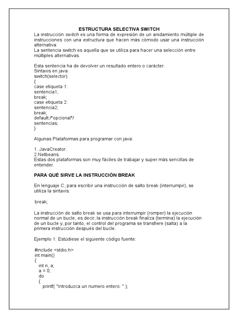 Estructura Selectiva Switch Pdf Java Lenguaje De Programación 5181