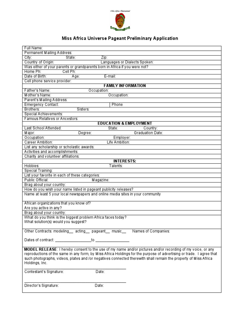 Miss Africa Universe Application | PDF
