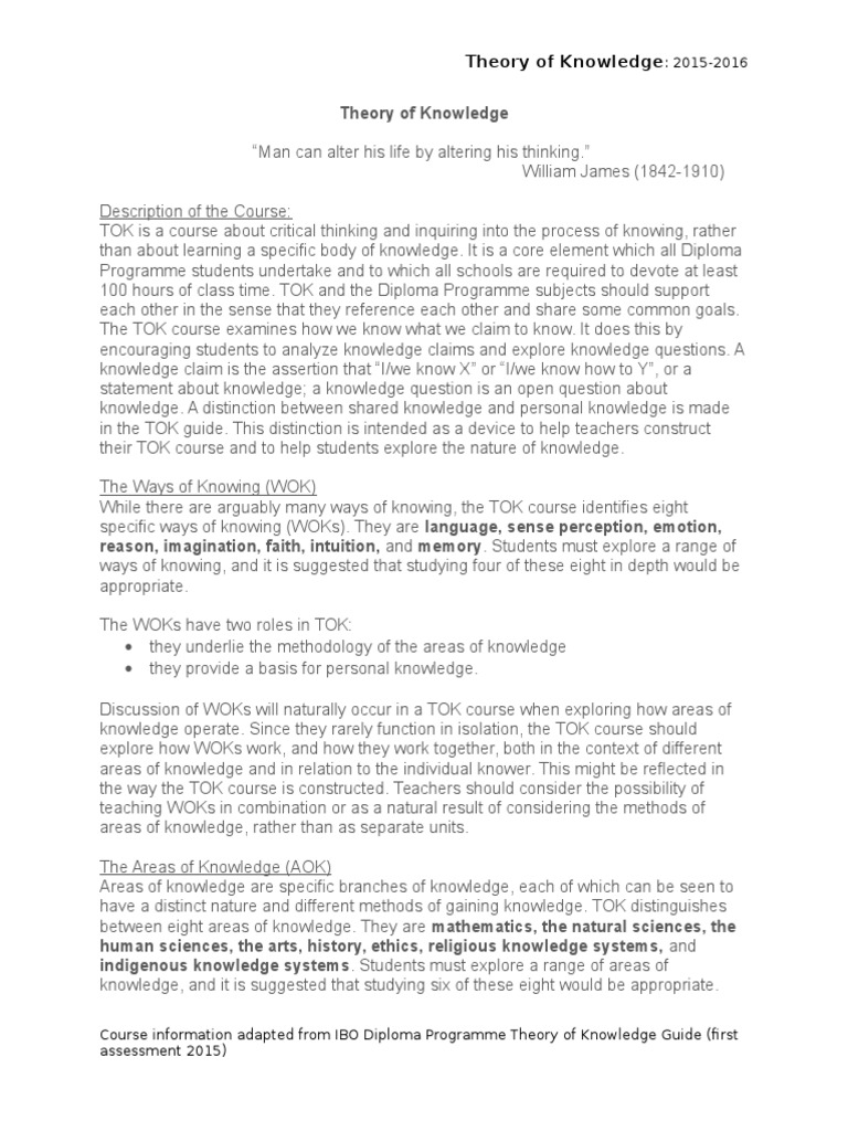 Theory of Knowledge Course Overview 2015-2016 | PDF | Epistemology ...