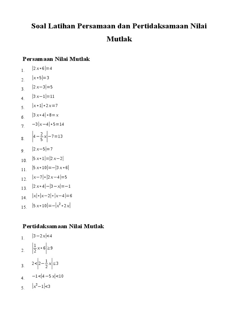 Soal Latihan Persamaan Dan Pertidaksamaan Nilai Mutlak | PDF
