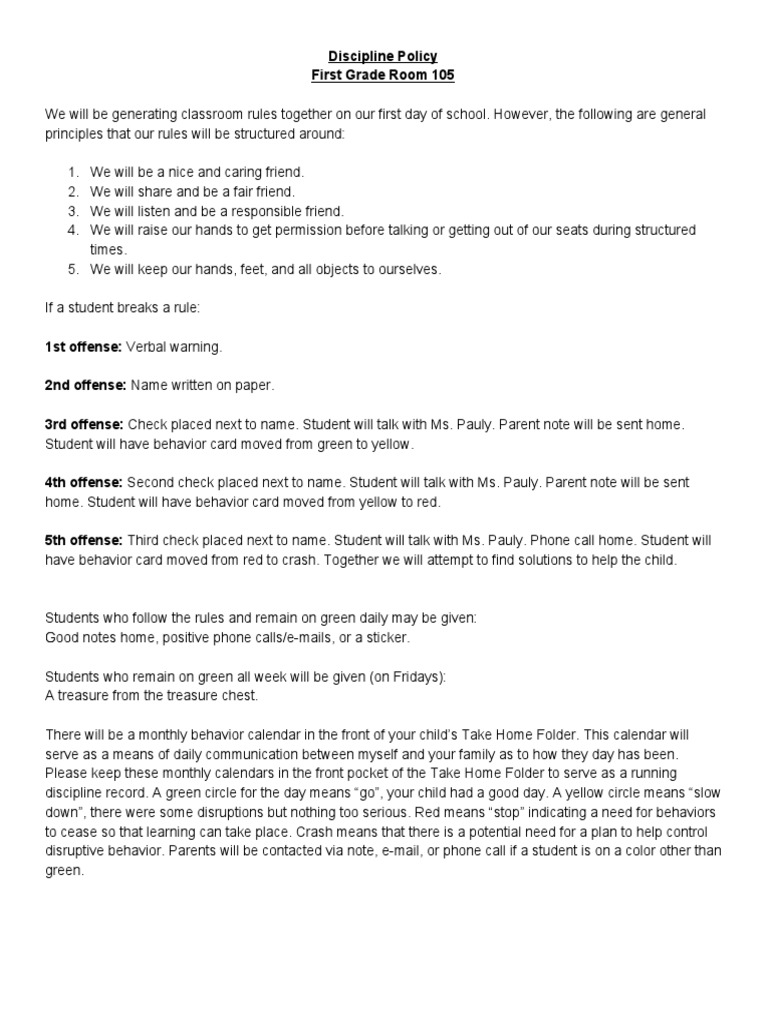 First Grade Classroom Discipline Policy | PDF