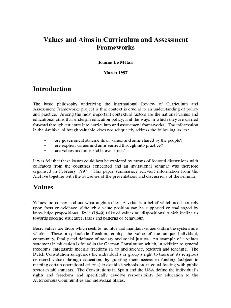 TP Values and Aims in Curriculum and Assessment 1997 | PDF | Value ...