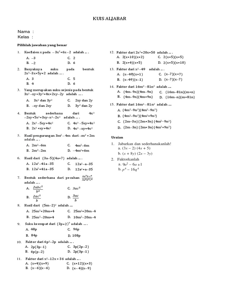 Quiz Aljabar 8 | PDF