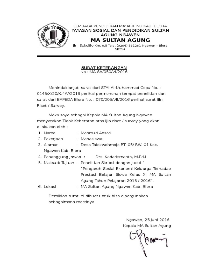 Surat Ijin Riset MA | PDF