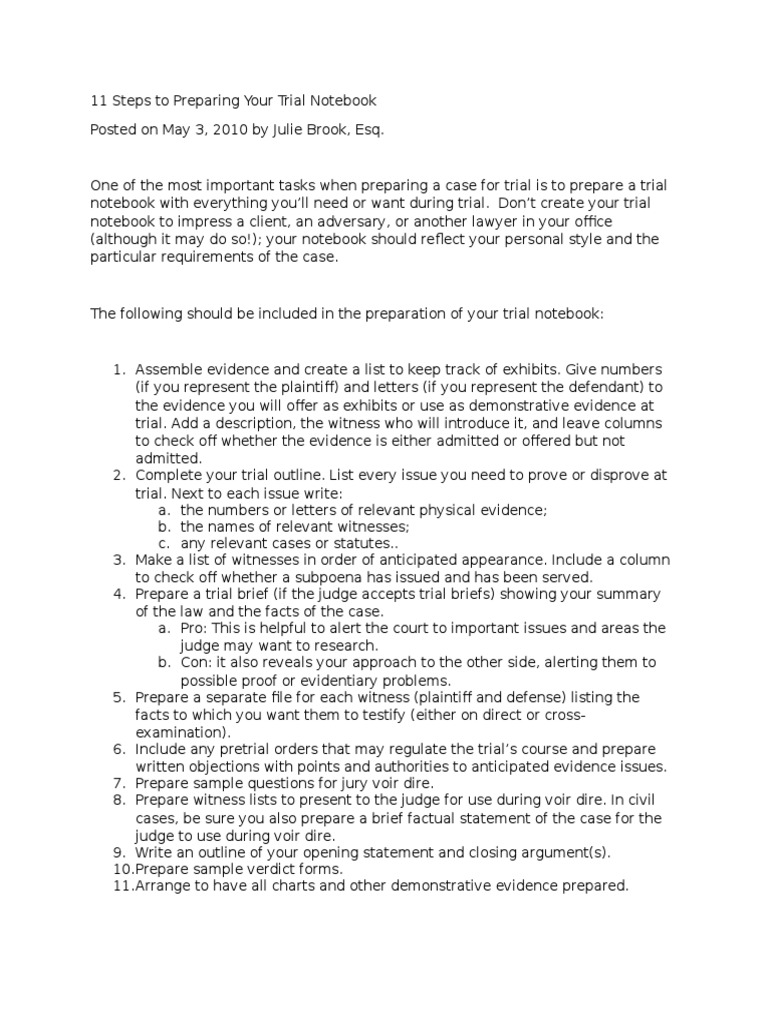 11 Steps To Preparing Your Trial Notebook | PDF