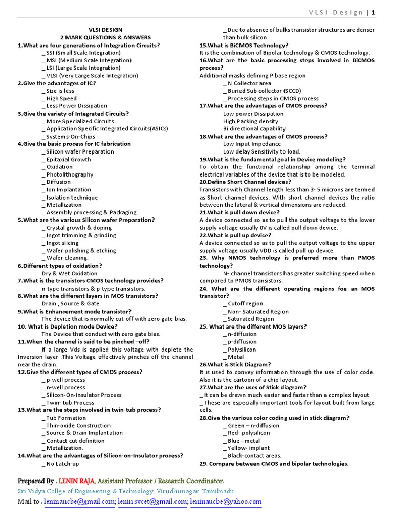 VLSI Design Questions With Answers | PDF | Cmos | Mosfet