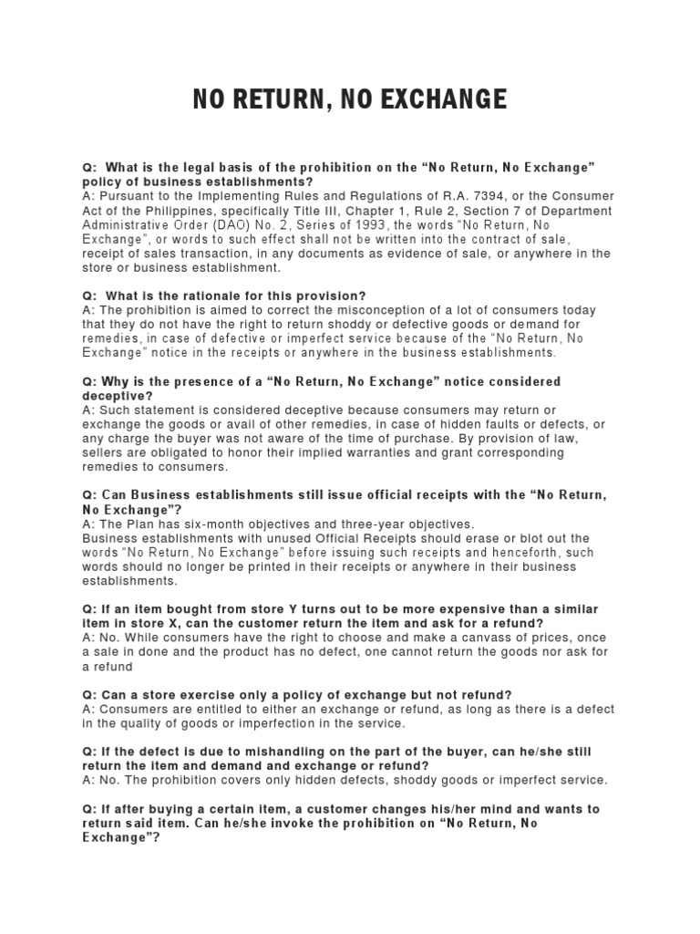 DTI No Return, No Exchange Policy Explained | PDF | Receipt | Implied ...