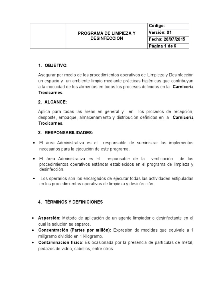 Programa de Limpieza y Desinfeccion | PDF | Carne | Alimentos