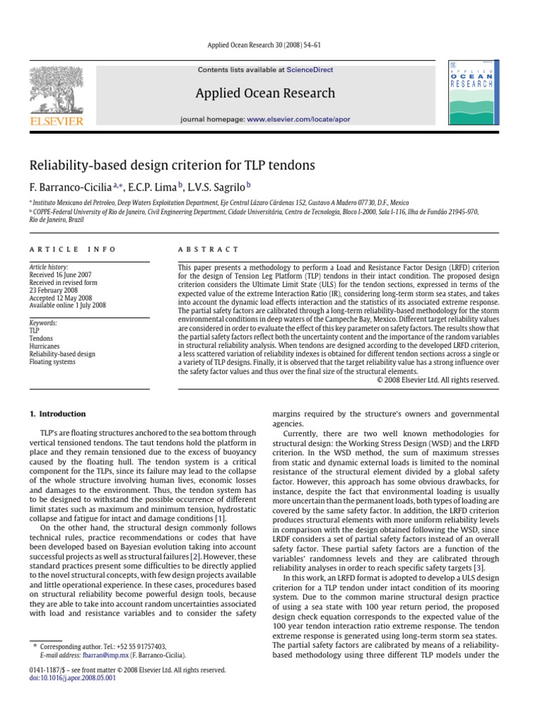 Reliability-Based Design Criterios For TLP Tendons | PDF | Reliability ...