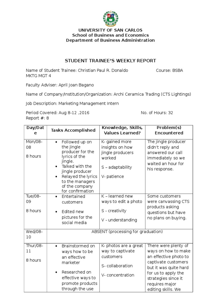 Student Trainee'S Weekly Report | PDF