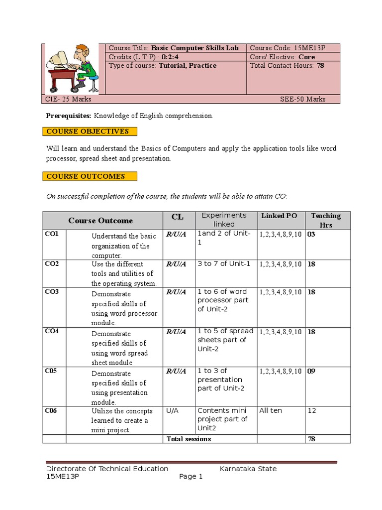 Basic Computer Skills Lab Course Outline | PDF | Word Processor ...