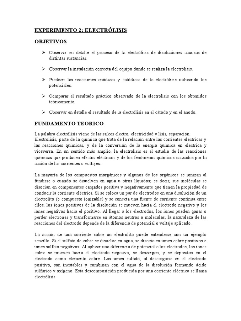 ELECTRÓLISIS Experimento | PDF | Electrodo | Electrólito