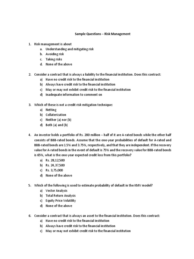 Risk Management - Sample Questions | PDF | Operational Risk | Risk
