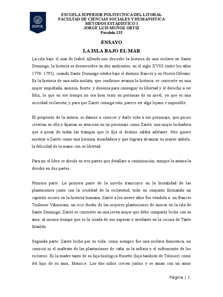 La Isla Bajo El Mar Ensayo Estadistica I | PDF | Esclavitud | Felicidad