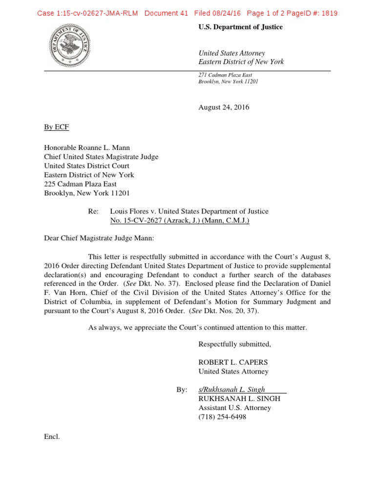 2016-08-24 - DOJ Letter To Court Regarding New Declaration (Flores V ...