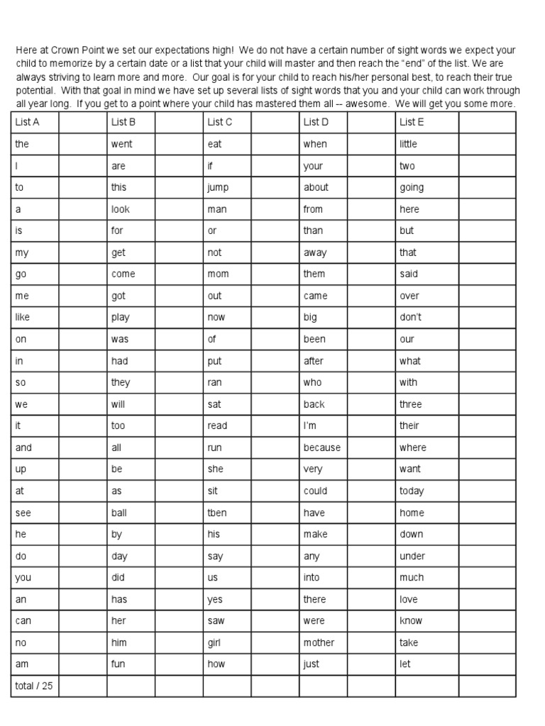 Parent Sight Word List | PDF