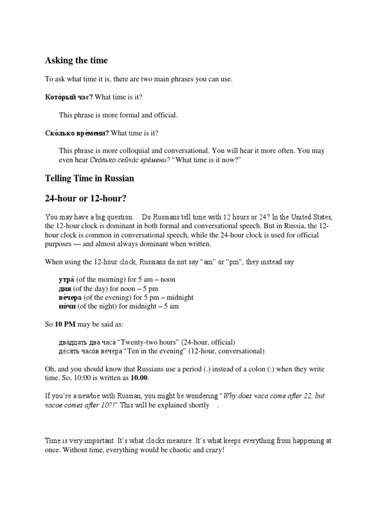 Telling Time in Russian | PDF | Grammatical Number | Semantics