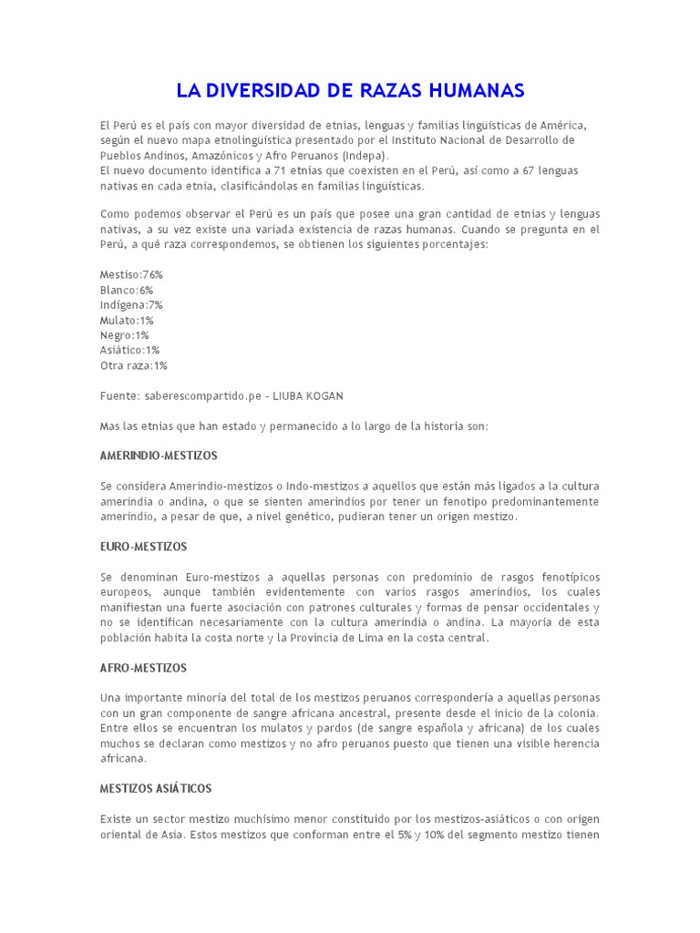 La Diversidad de Razas Humanas | PDF | Pueblos Indígenas de las Américas | Métis