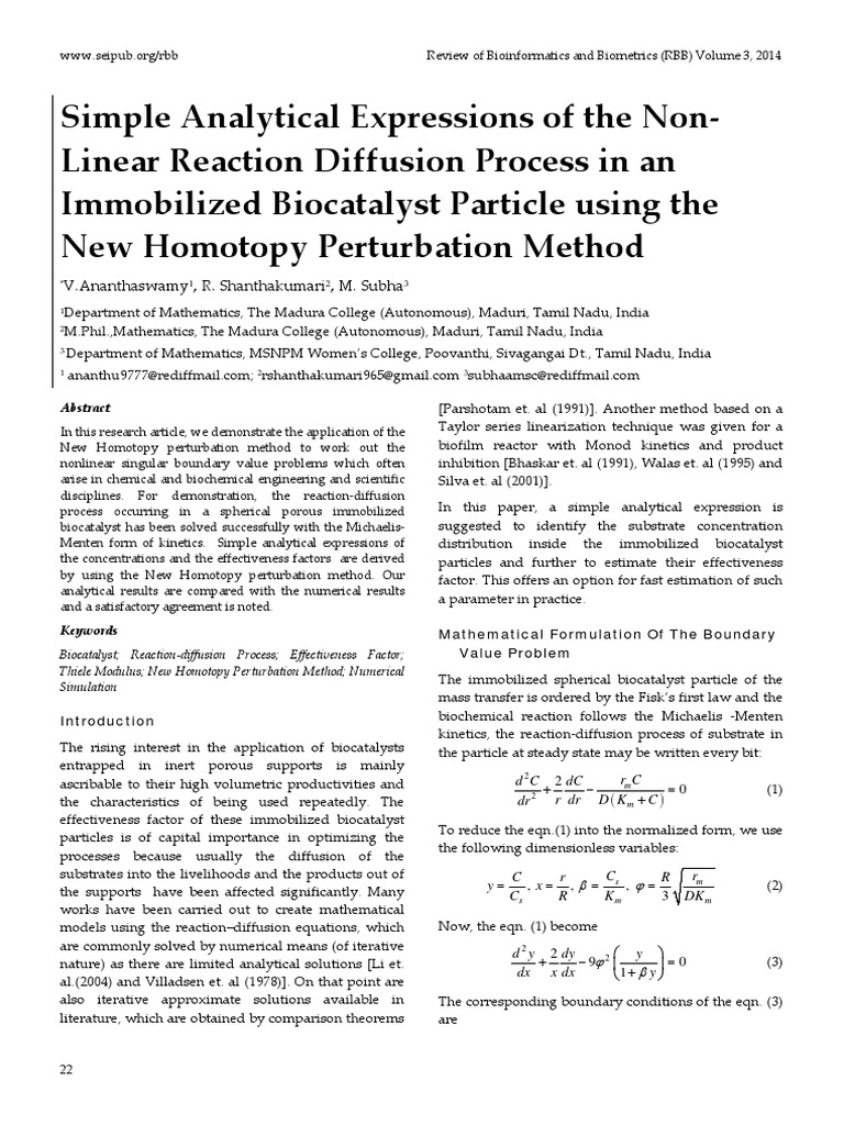 Simple Analytical Expressions of The Non-Linear Reaction Diffusion Process in An Immobilized ...