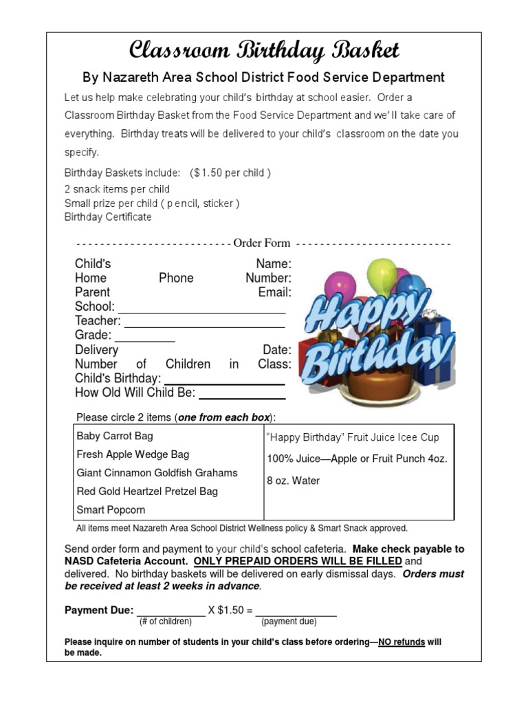 Classroom Birthday Basket Order Form | PDF | Self-Improvement | Wellness