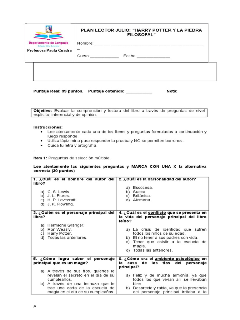 Prueba Harry Potter y La Piedra Filosofal | PDF | Universos ficticios ...