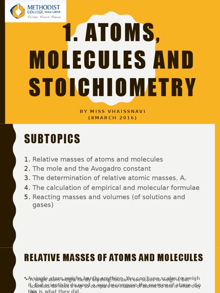 Atoms, Molecules and Stoichiometry Explained | PDF | Mole (Unit ...