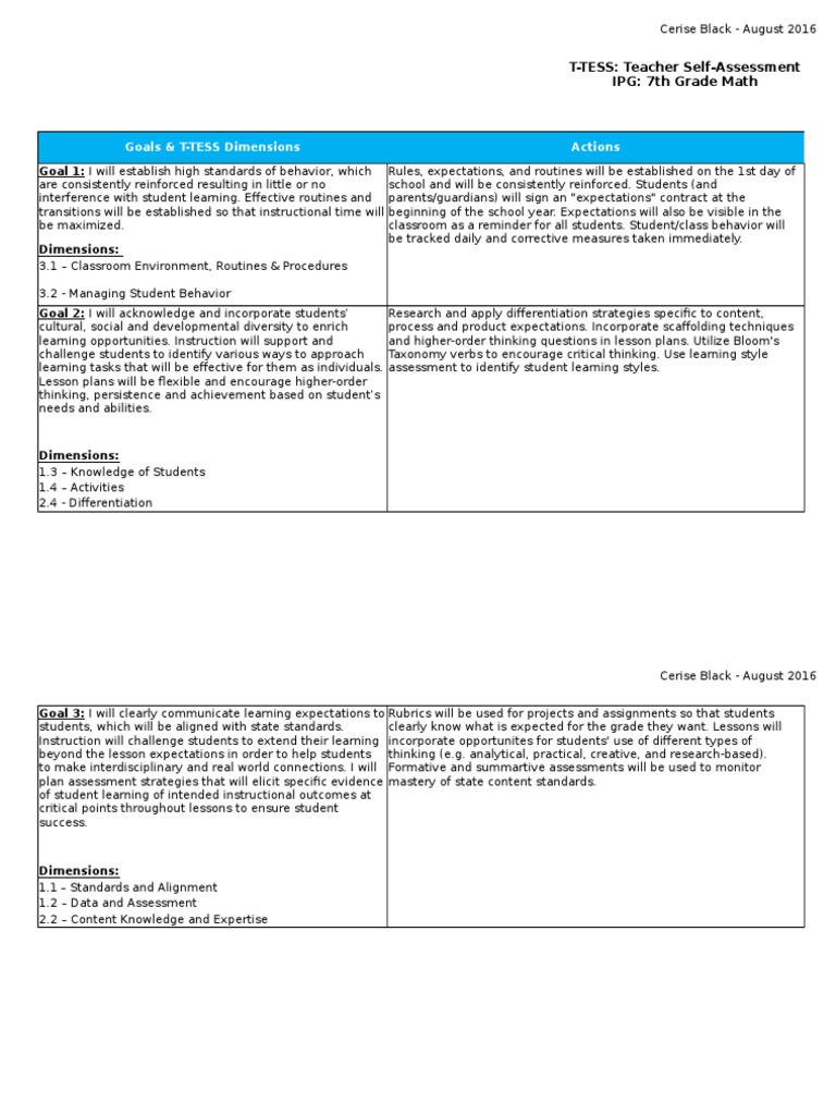 7 T-Tess Teacher Self Assessment | PDF | Educational Assessment ...