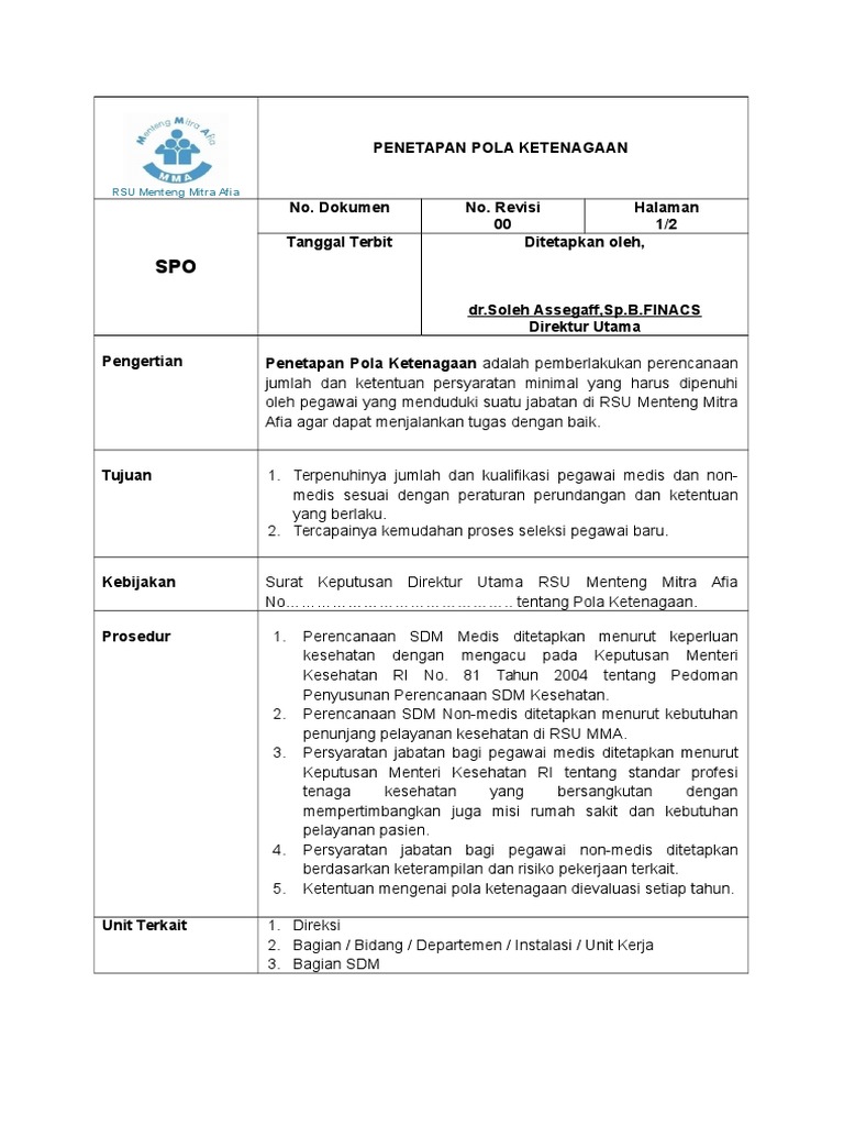 (Revised) SPO Penetapan Pola Ketenagaan RS | PDF