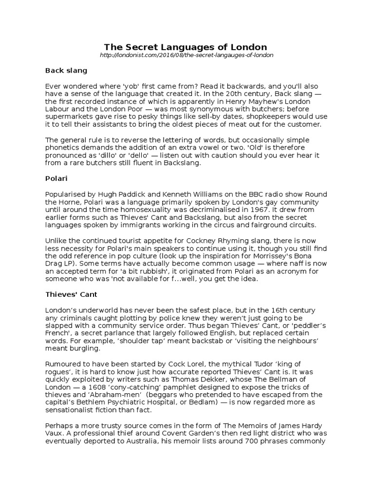 Polari & Back Slang - The Secret Languages of London | PDF | Lexicology ...