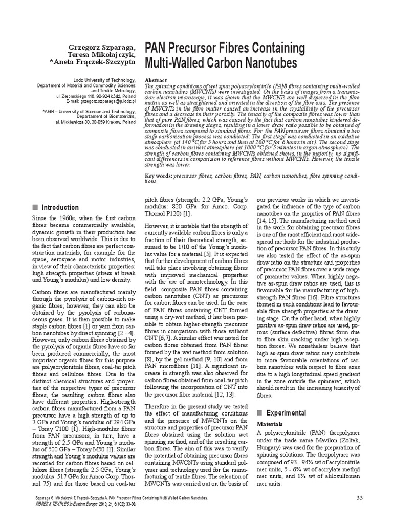Pan Precursor Fibres Containing Multi Walled Carbon Nanotubes | PDF ...