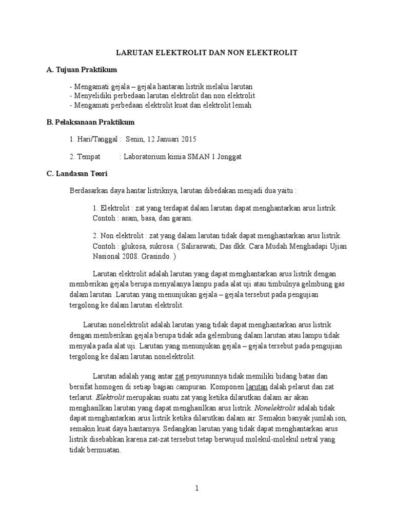 Laporan Praktikum Kimia - Elektrolit Dan Non Elektrolit | PDF