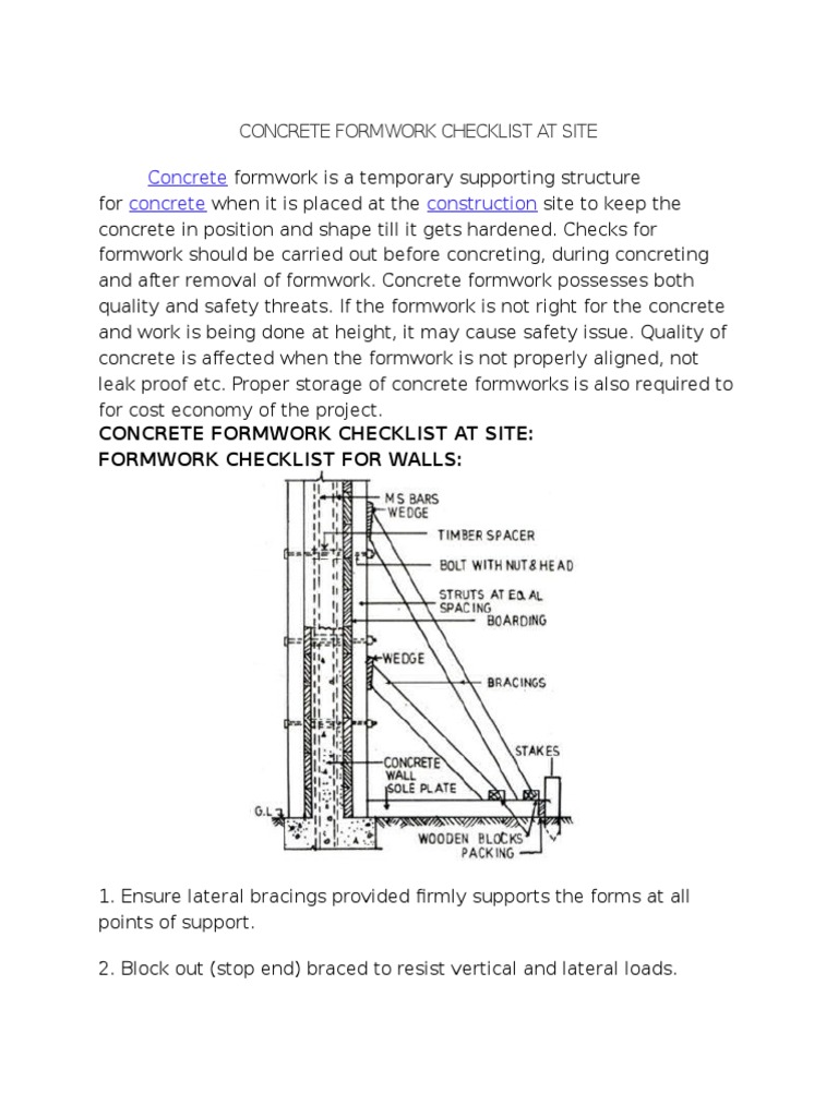 Concrete Formwork Checklist at Site | PDF | Plywood | Concrete