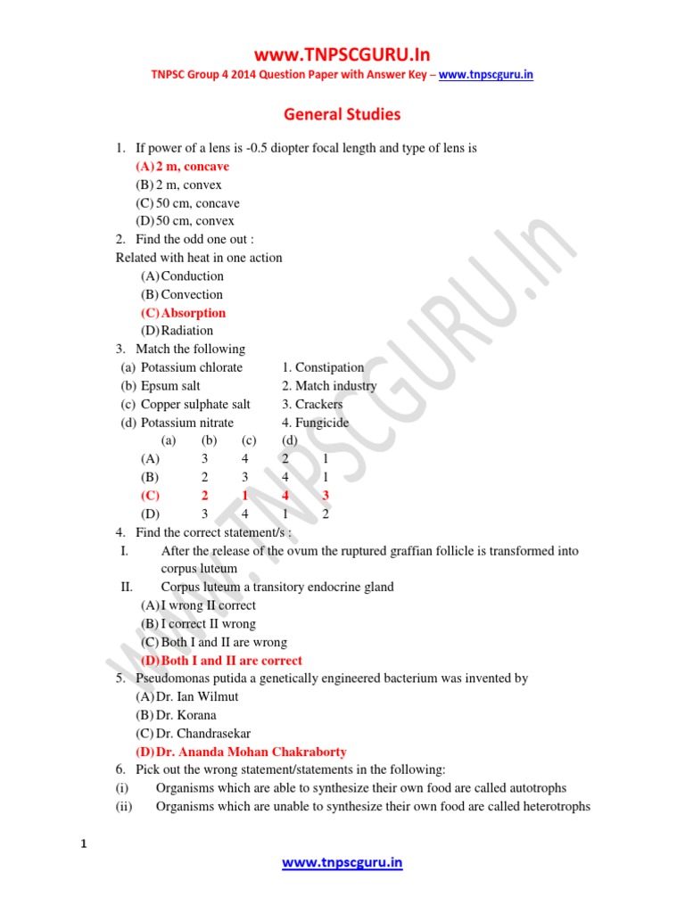 TNPSC Group 4 2014 Q&A | PDF | Lens (Optics) | Nature