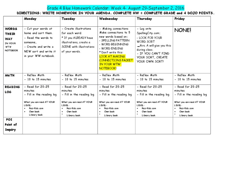 Grade 4 Homework Calendar: Week 4 | PDF