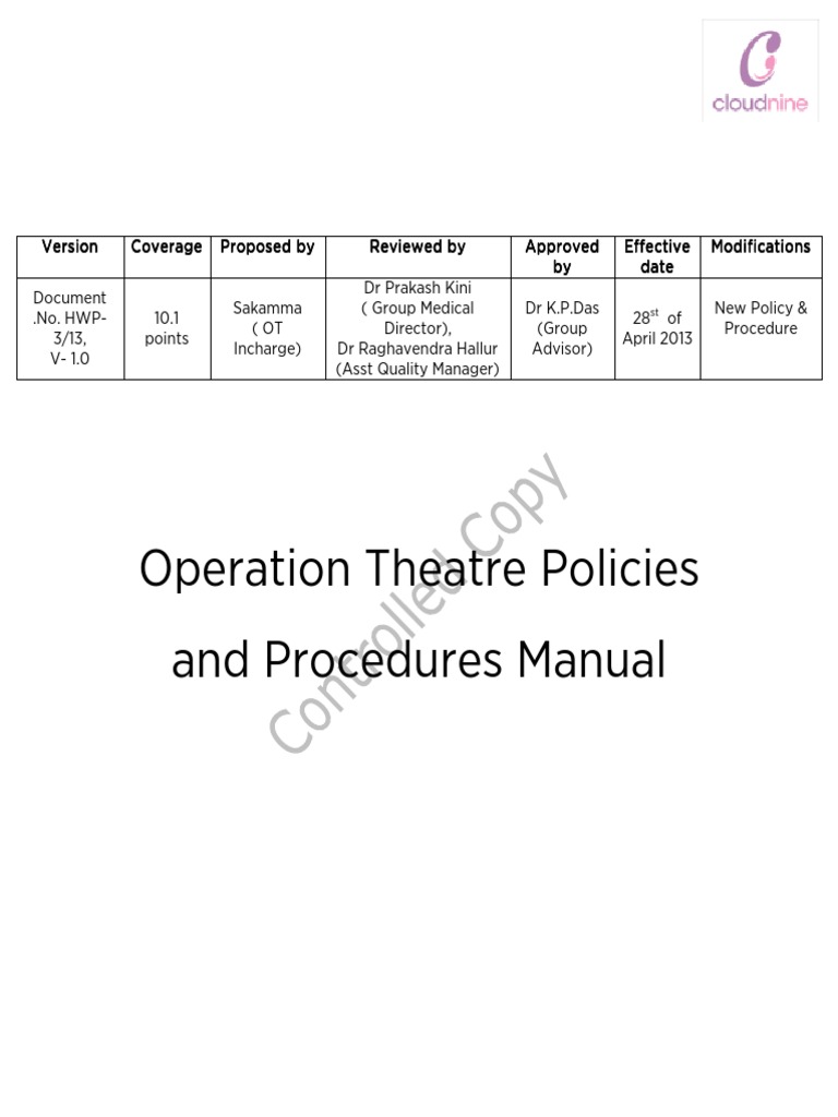 Operation Theater Policies and Procedures Manual | PDF | Surgery ...