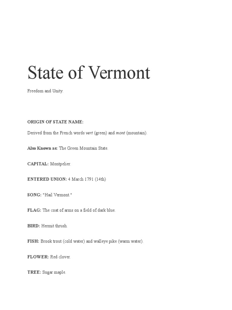 State of Vermont: Freedom and Unity | PDF | Vermont | United States ...