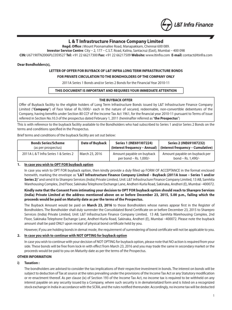 Letter offering buyback of infrastructure bonds and providing ...