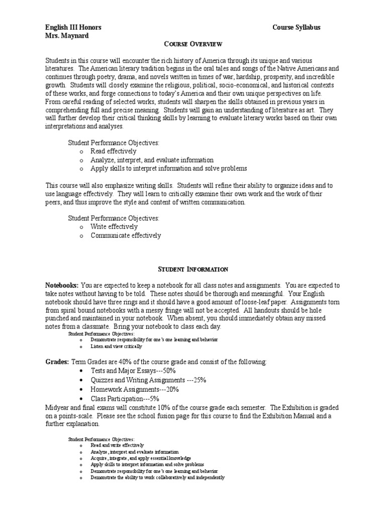 English III Honors Syllabus 2016 | PDF | Homework | Educational Psychology