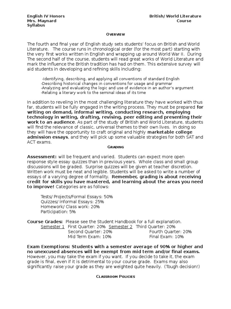 English IV Honors Literature Syllabus | PDF | Test (Assessment) | Essays